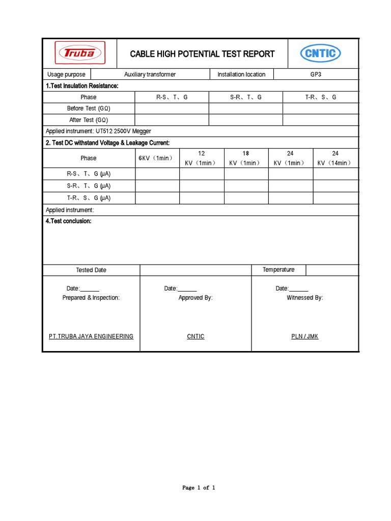 Cable High Potential Test Report: Page 1 of 1 | PDF