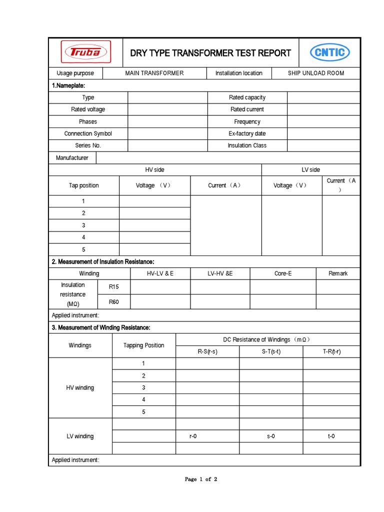 Dry Type Transformer Test Report: Page 1 of 2 | PDF | Transformer ...