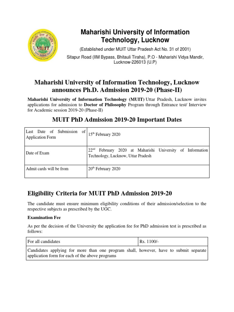 Maharishi University of Information Technology, Lucknow: Muit PHD ...
