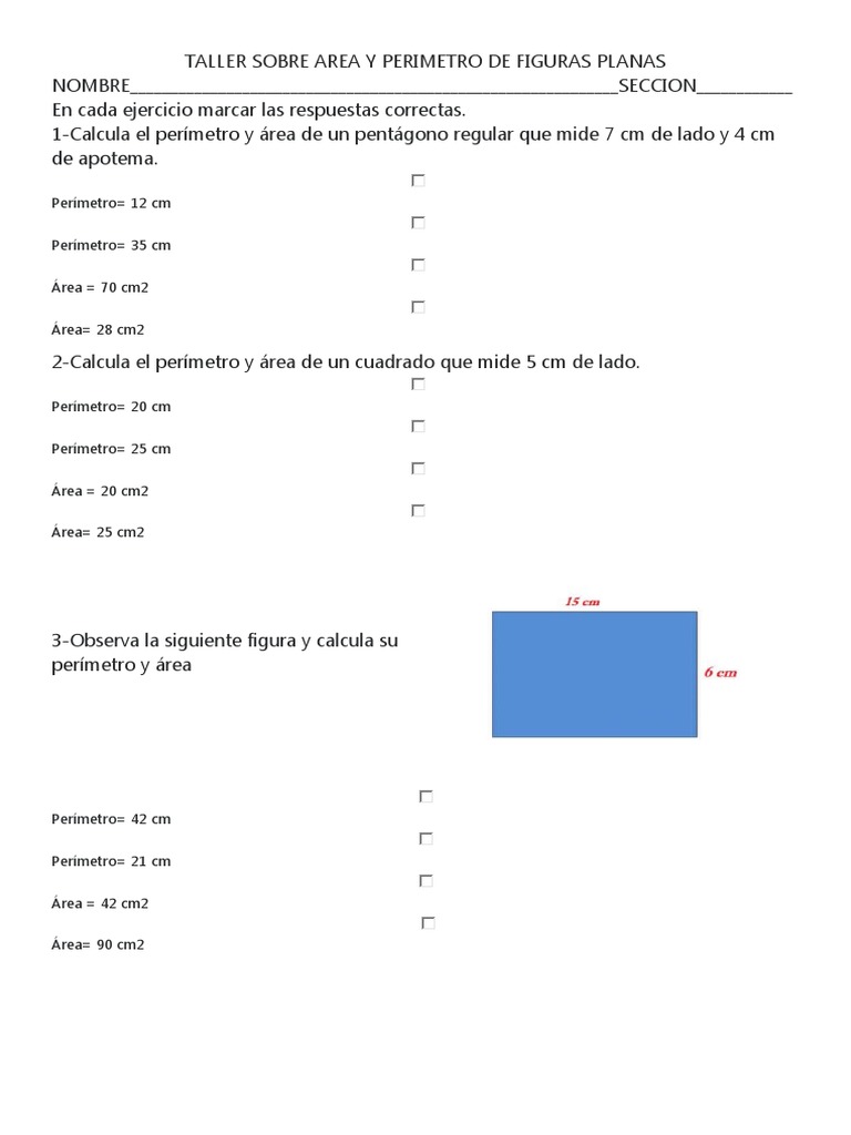 Taller Sobre Area y Perimetro de Figuras Geometricas | PDF