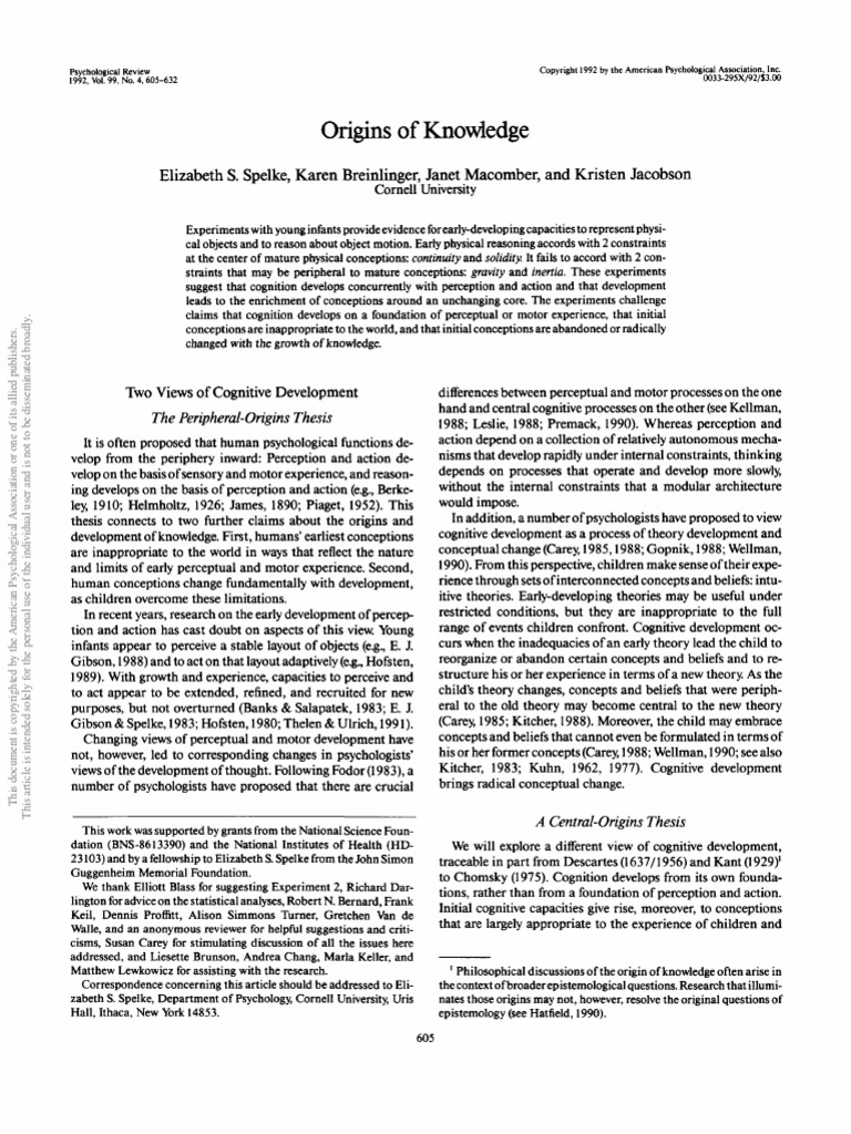 Origins of Knowledge PDF | PDF | Cognitive Development | Perception