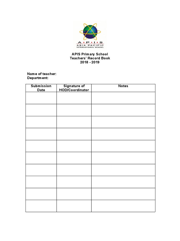 APIS Primary School Teacher Record Book | PDF | Curriculum | Behavior ...