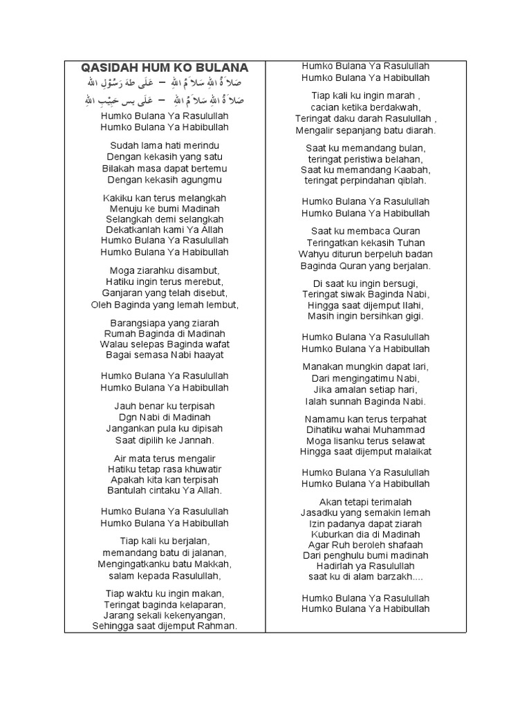 Lirik Qasidah Humko Bulana | PDF