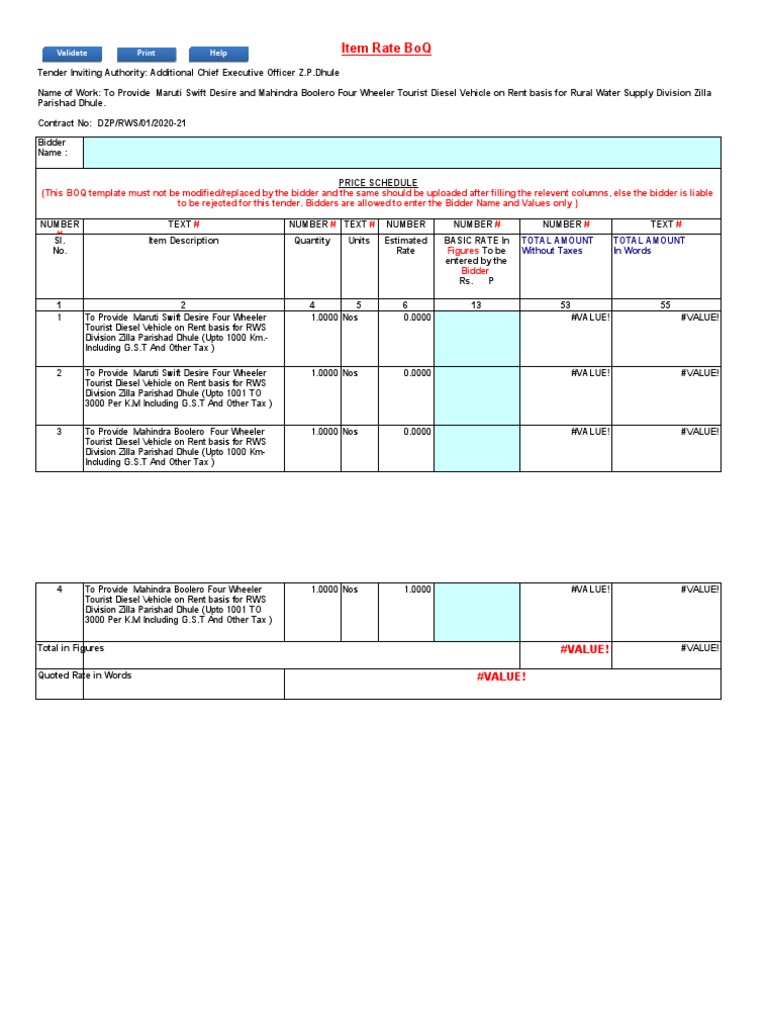 Item Rate Boq: Validate Print Help | PDF | Government Finances | Taxes