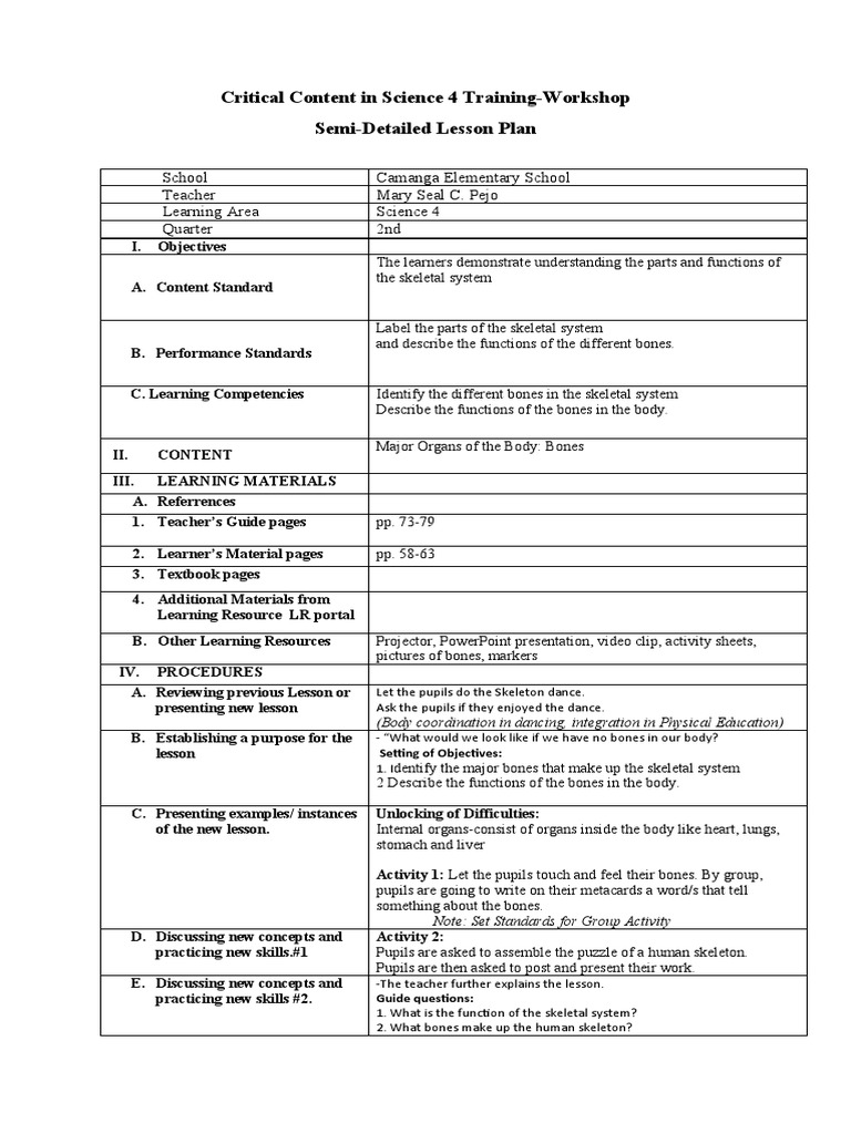 Lesson Plan Demonstration | PDF | Skeleton | Bone