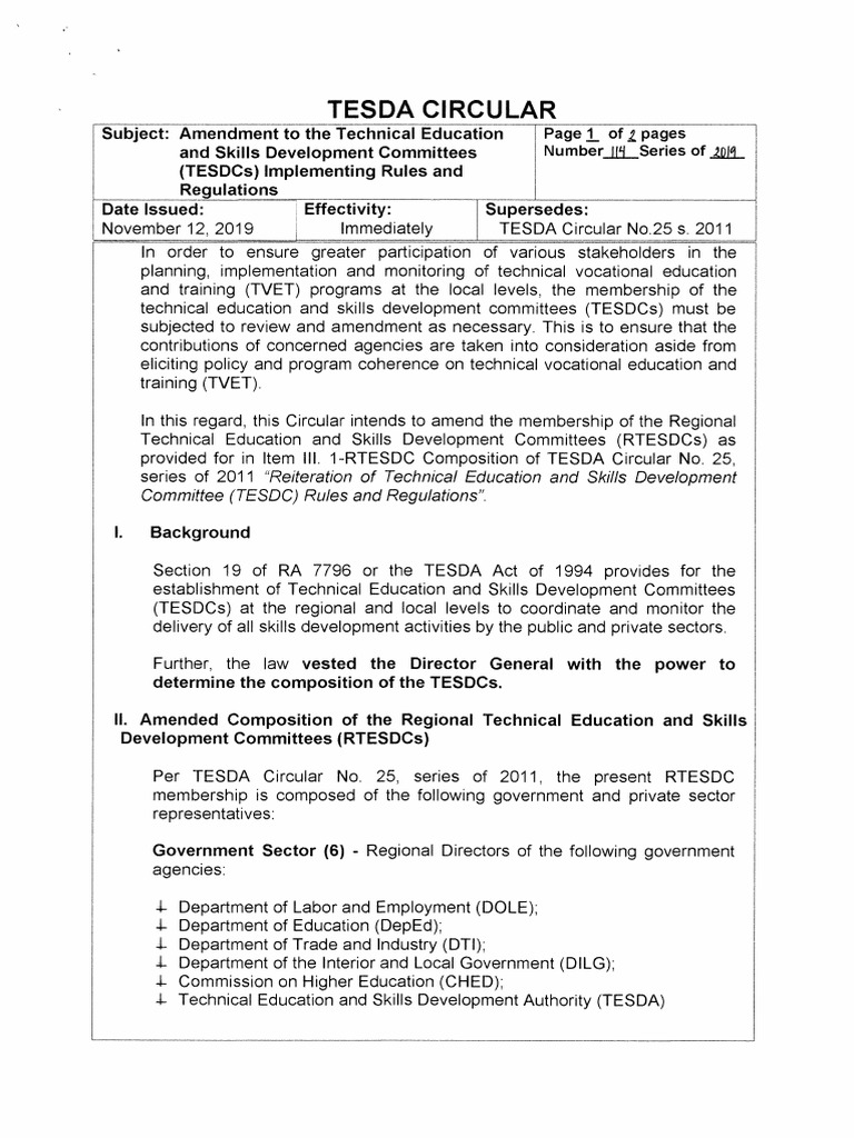 TESDA Circular: Amendments to RTESDC Rules | PDF | Vocational Education ...