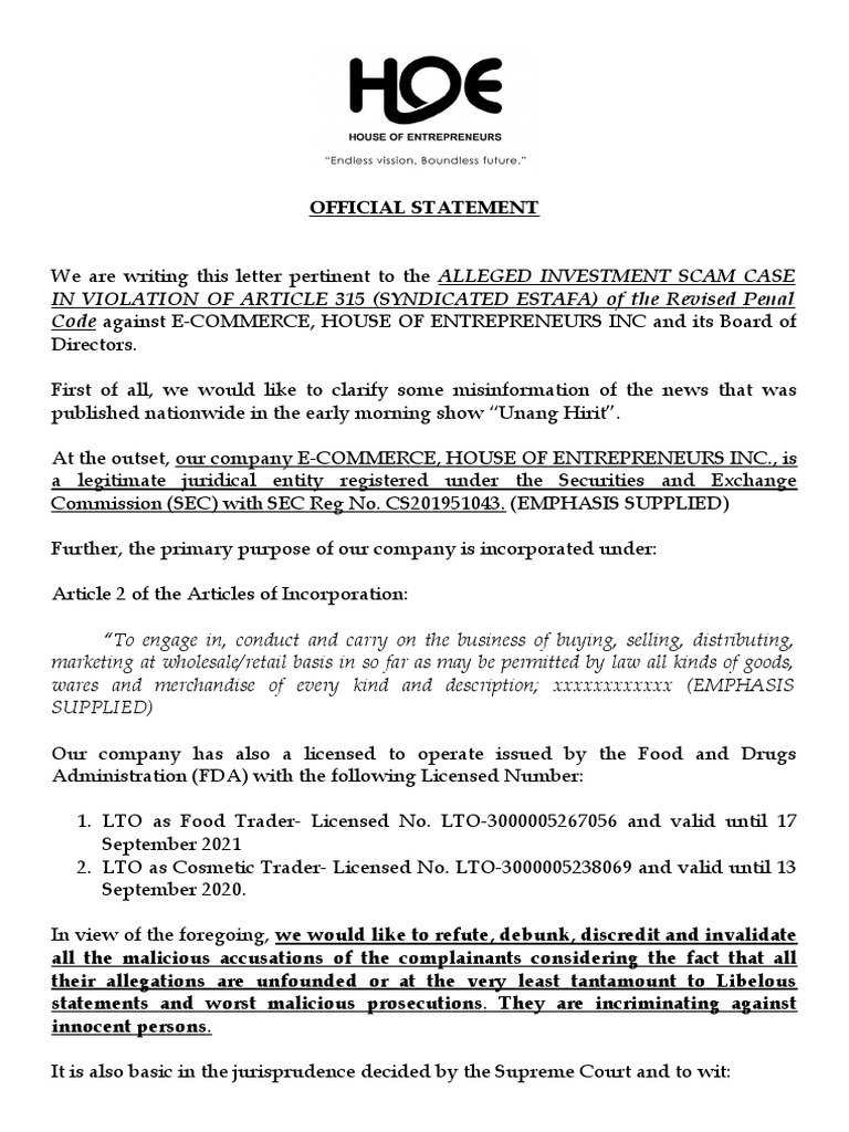 OFFICIAL STATEMENT of Ms. Ileto-Luyon, Dr. Henson, Ms. Soriano and Mr ...