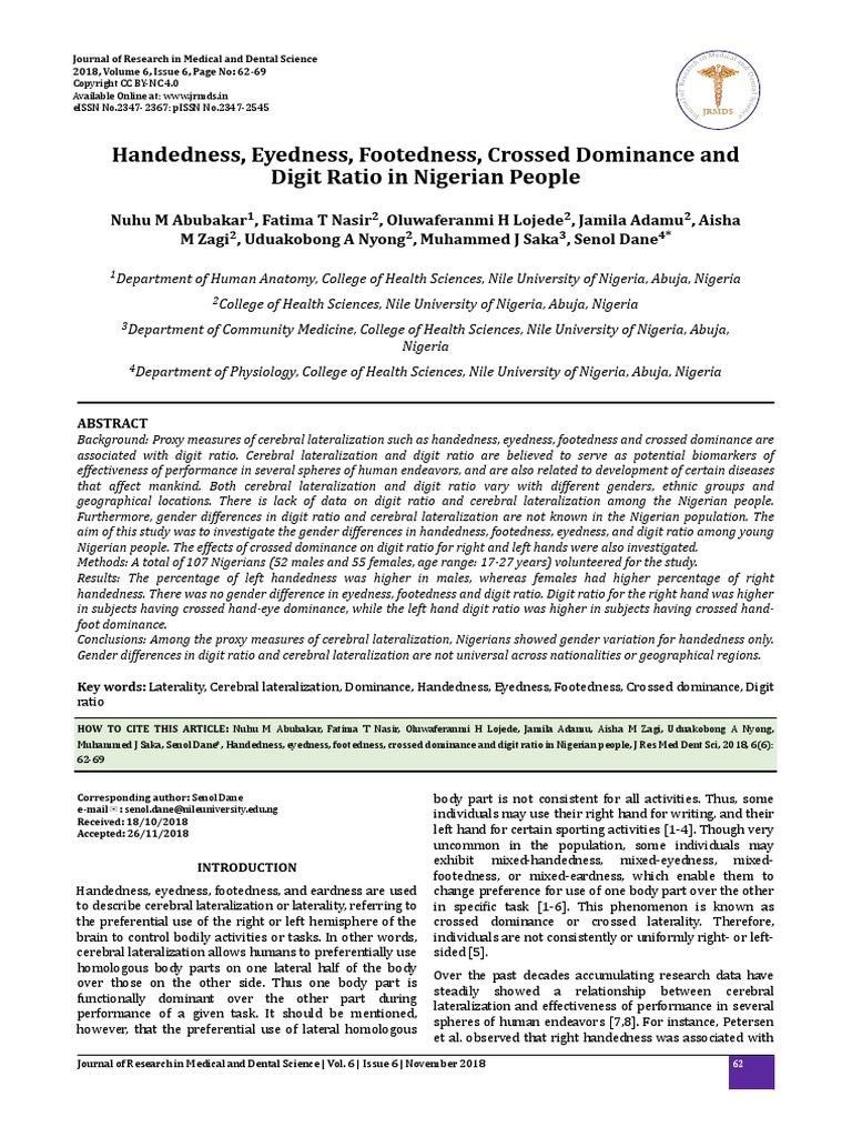 Handedness, Eyedness, Footedness, Crossed Dominance and Digit Ratio in ...