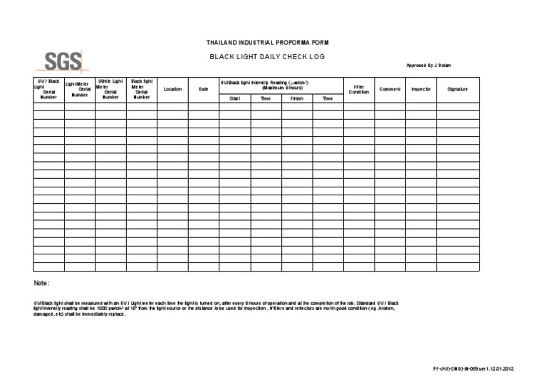 Black Light Daily Check Log: Thailand Industrial Proforma Form | PDF