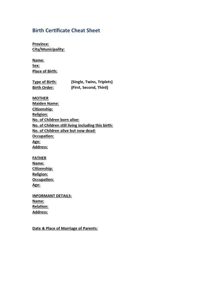 Birth Certificate Cheat Sheet Template | PDF