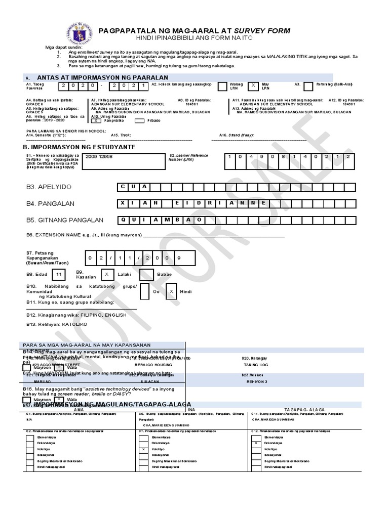 Learner Enrollment and Survey Form Filipino | PDF