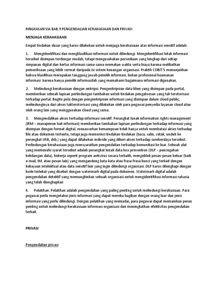 Ringkasan Sia Bab 9 Pengendalian Kerahasiaan Dan Privasi | PDF