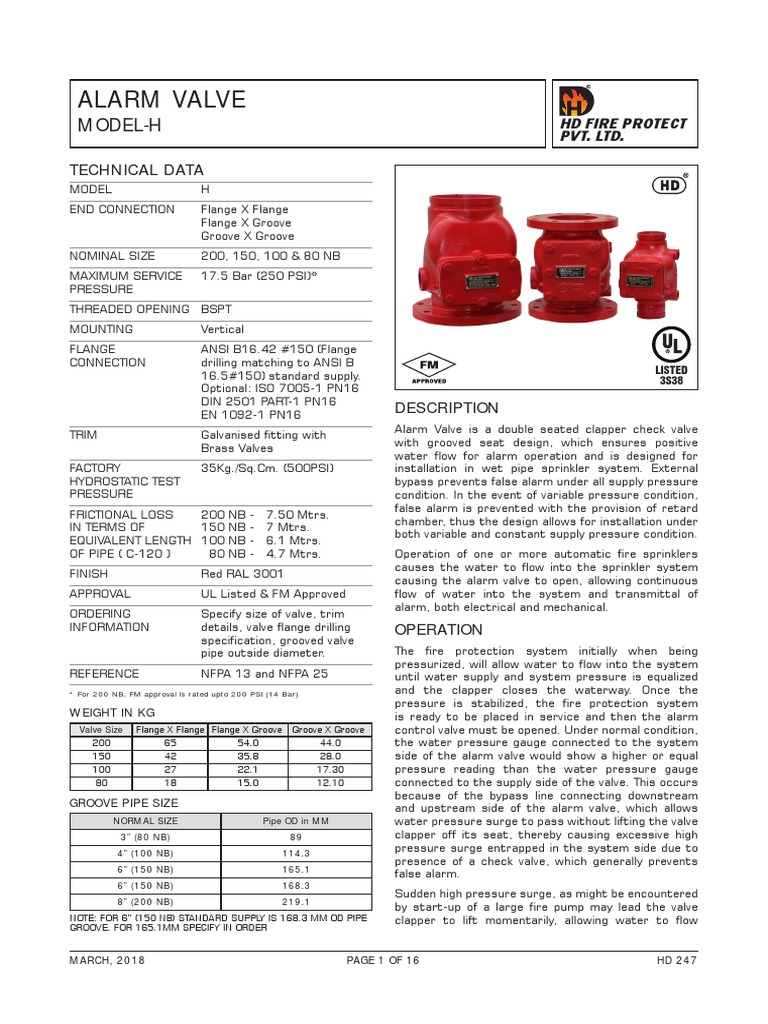 HD Fire Alarm Valve Model-H Data | PDF | Fire Sprinkler System | Valve