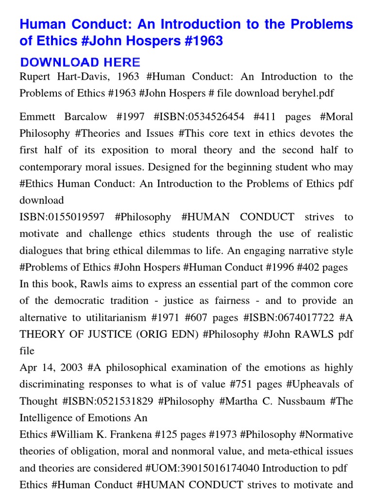 Human Conduct: An Introduction To The Problems of Ethics #John Hospers ...