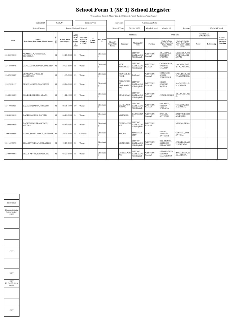 School Form 1 (SF 1) School Register | Download Free PDF | Languages Of ...
