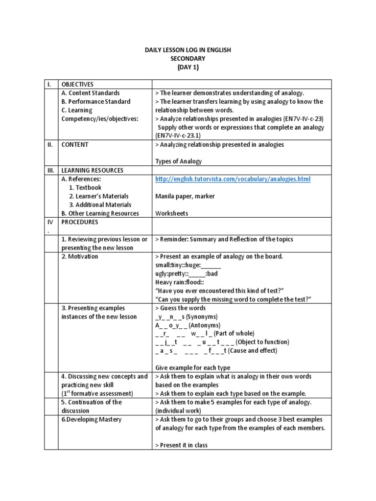 Analyzing Relationships Through Analogies: A Daily English Lesson Plan ...
