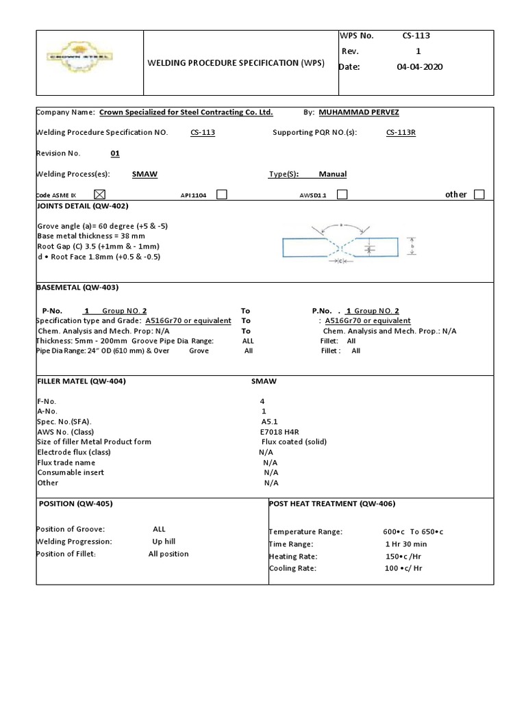 WPS-CS-113 Rev.1 | PDF | Welding | Construction