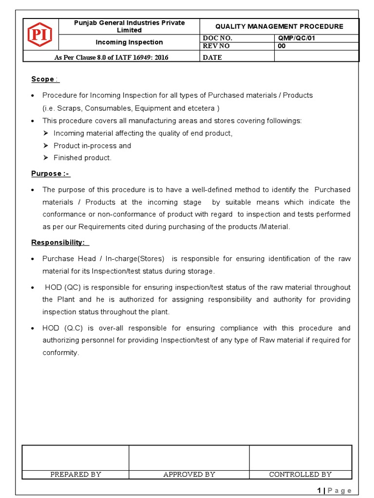 Incoming Inspection-Qmp-Qc-01 | PDF | Business Process | Business