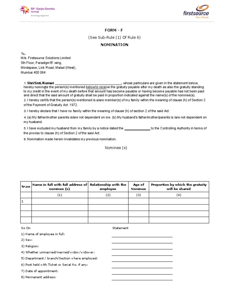 Form F: Nomination for Payment of Gratuity under The Payment of ...