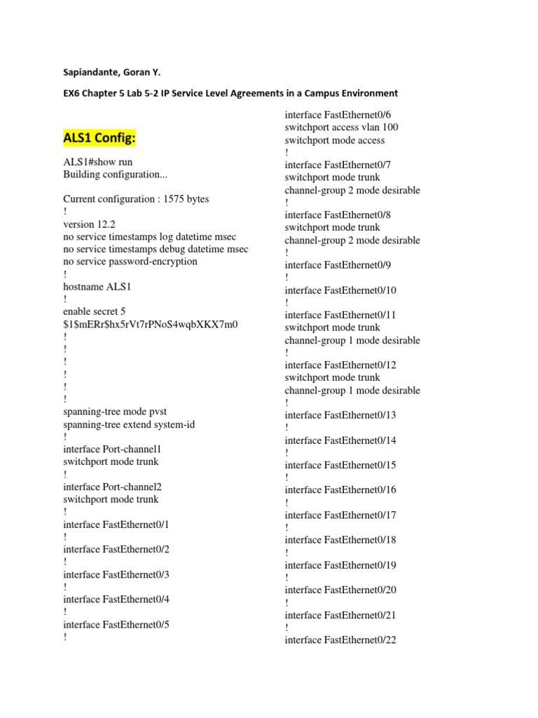 ALS1 Config:: Sapiandante, Goran Y. EX6 Chapter 5 Lab 5-2 IP Service Level Agreements in A ...