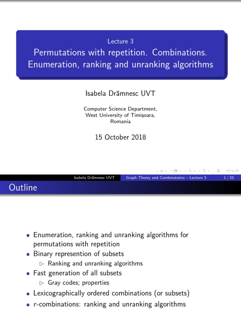 Permutations With Repetition. Combinations. Enumeration, Ranking and ...