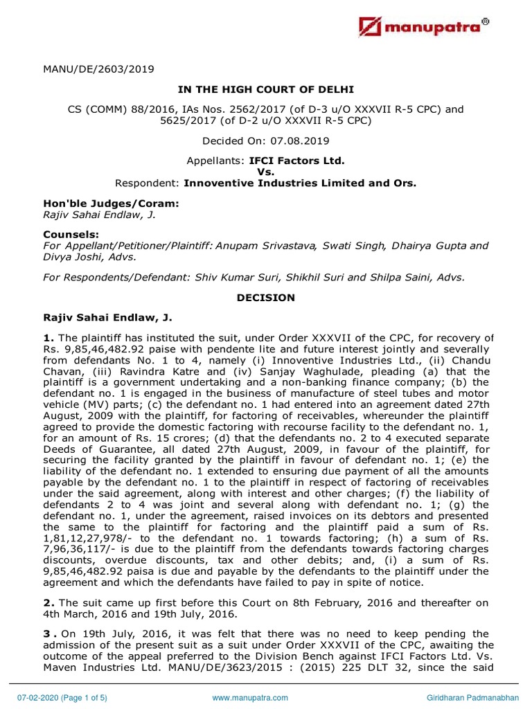 IFCI Factors LTD Vs Innoventive Industries ...