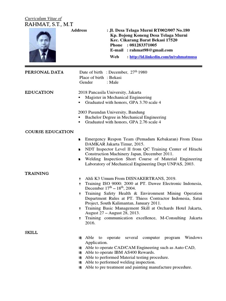 Rahmat, S.T., M.T: Curriculum Vitae of | PDF | Engineering | Mechanical Engineering