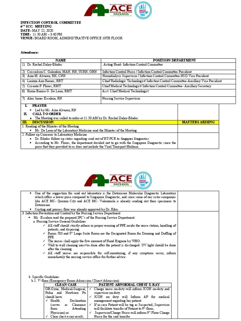 Infection Control Committee 6 Icc. Meeting DATE: MAY 22, 2020 TIME: 11: ...