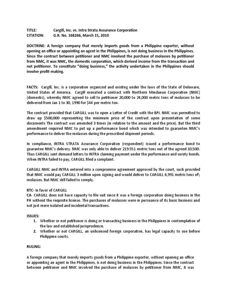 CASE DIGEST - Cargill, Inc. vs. Intra Strata Assurance Corporation ...