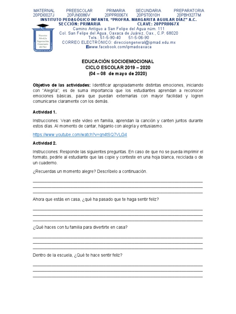 ACT. SOCIOEMOCIONAL 1° y 2° Grado | PDF | Educación de la primera ...