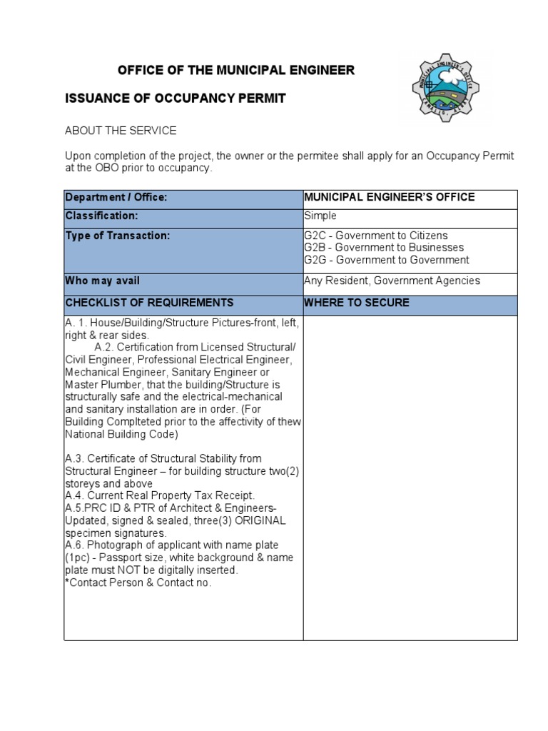 Office of The Municipal Engineer Issuance of Occupancy Permit | PDF ...