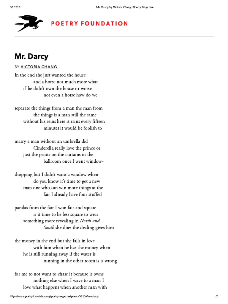 Mr. Darcy by Victoria Chang - Poetry Magazine | PDF