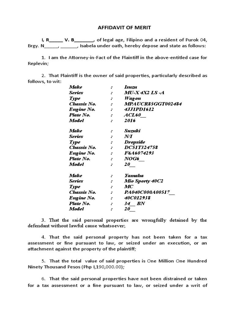 Affidavit of Merit - For Replevin | PDF | Affidavit | Government ...