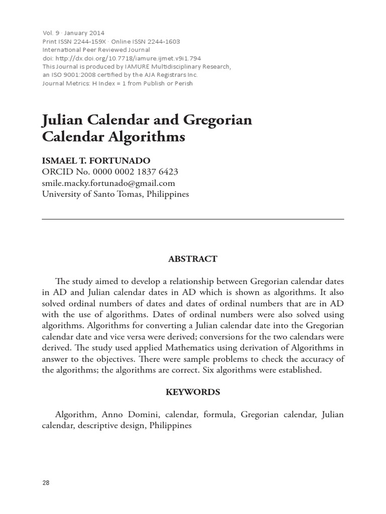 Julian Calendar And Gregorian Calendar Algorithms Pdf Calendar Anno Domini 