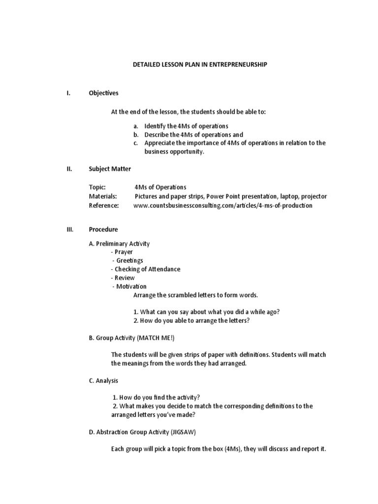 Detailed Lesson Plan in Entrepreneurship | PDF | Behavior Modification | Communication