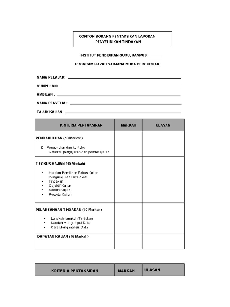Contoh Borang Pentaksiran Laporan | PDF