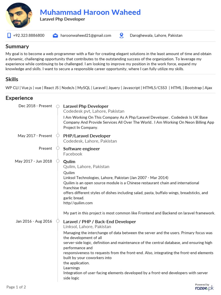 Muhammad Haroon Waheed: Laravel PHP Developer | PDF | Php | Web Application