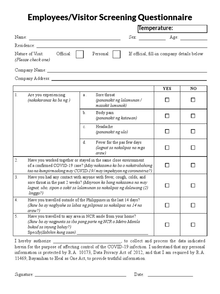 Employee and Visitor Screening Form | PDF
