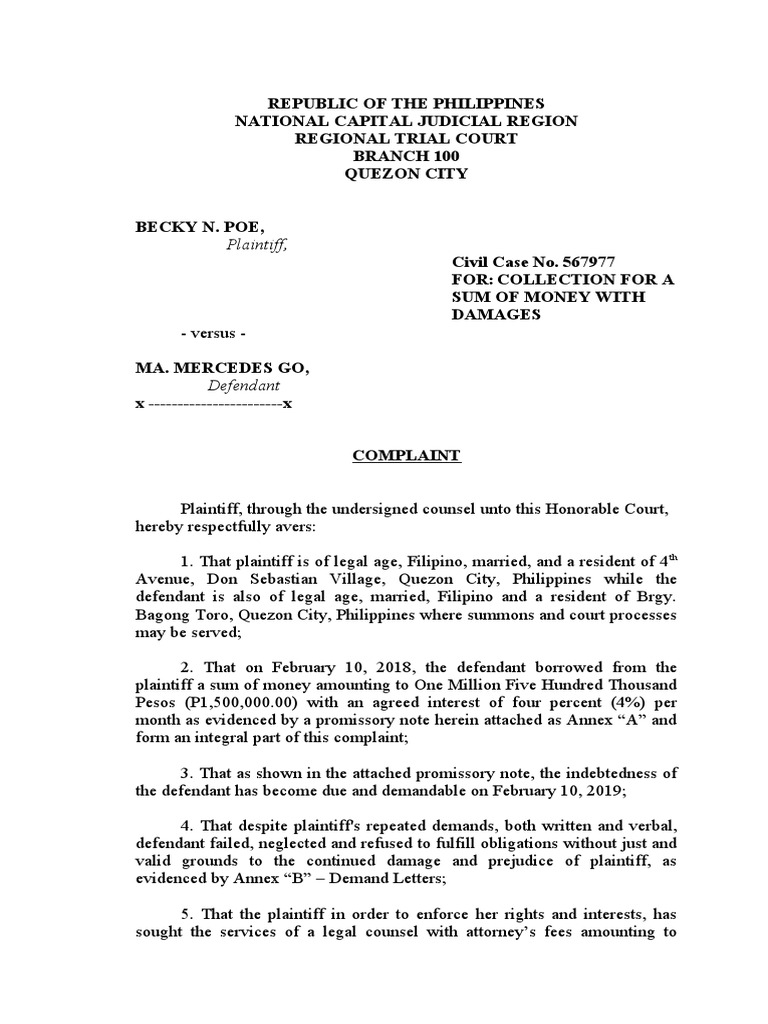 Complaint for Collection of Debt | PDF | Legal Remedy | Lawsuit