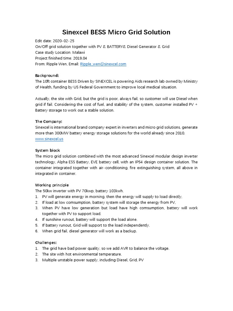 G006 Sinexcel BESS Micro Grid Solution - Malawi | PDF | Distributed Generation | Electrical Grid