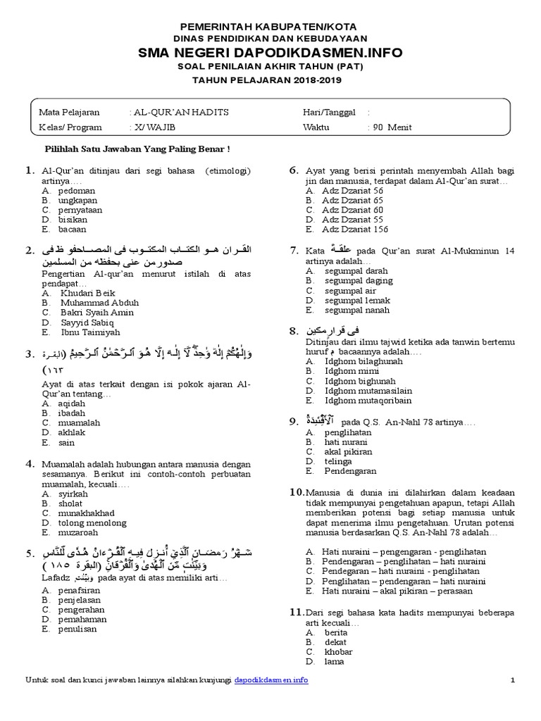 Soal Pat Alquran Hadits Kelas X 2018 2019 Dan Jawaban Pdf