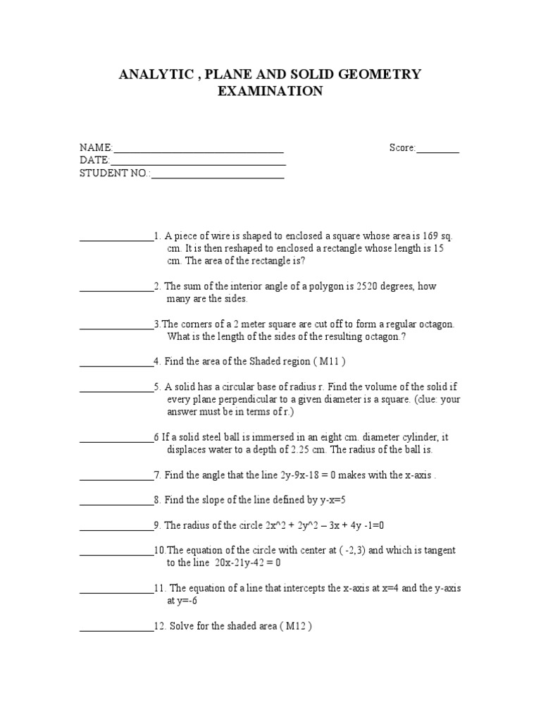 Analytic, Plane and Solid Geometry Examination | PDF