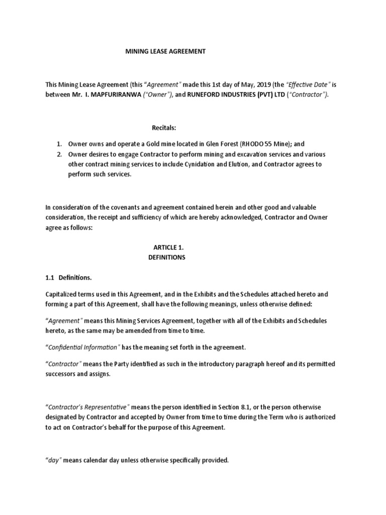 Mining Lease Agreement Lays Out Terms for Contractor to Provide ...