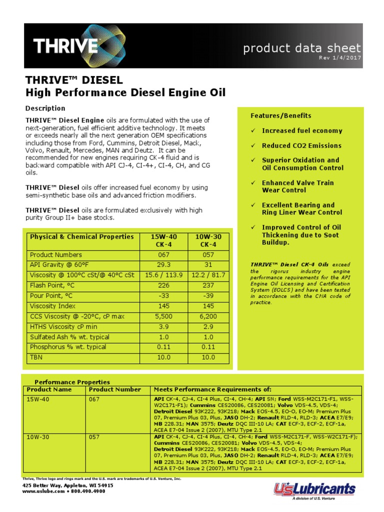 Product Data Sheet: Thrive™ Diesel High Performance Diesel Engine Oil ...