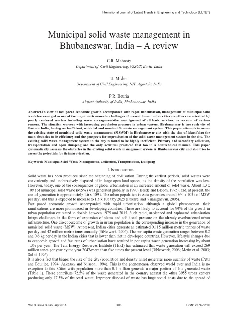 Municipal Solid Waste Management in Bhubaneswar, India - A Review | PDF ...