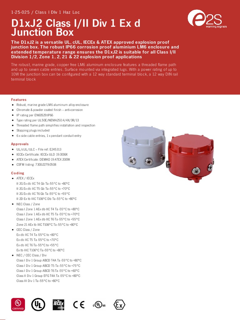 D1Xj2 Class I/Ii Div 1 Ex D Junction Box: 1-25-025 / Clas S I Div 1 Haz ...