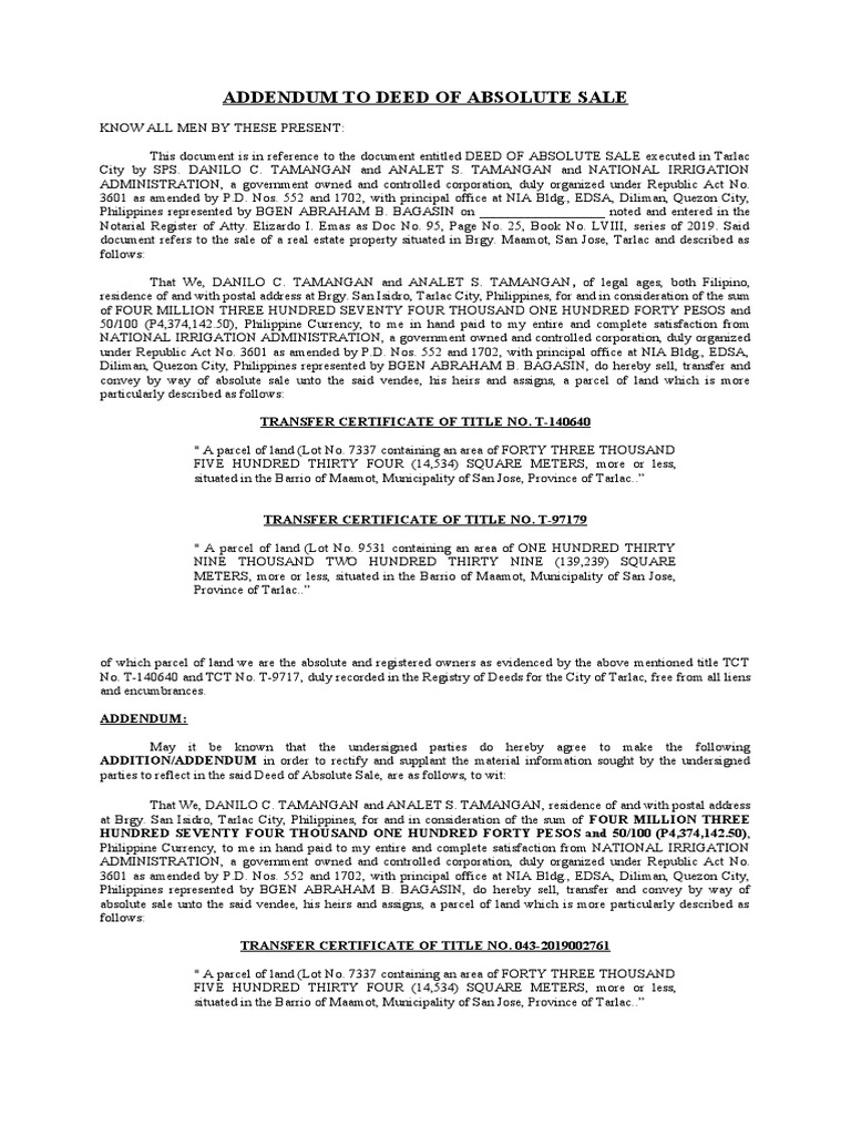 Addendum To Deed Of Absolute Sale | Civil Law (Common Law) | Common Law