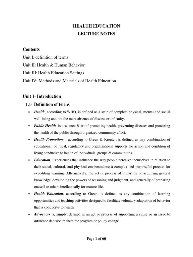 Health Education - Lecture Notes PDF | PDF | Behavior | Behavioural ...