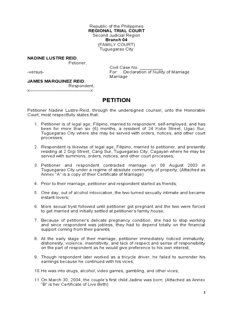 Complaint For Declaration of Nullity of Marriage | PDF | Annulment ...