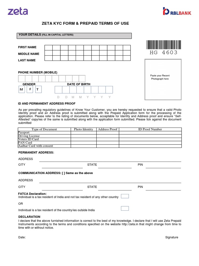 Zeta Kyc Form & Prepaid Terms of Use: Your Details | PDF | Identity ...
